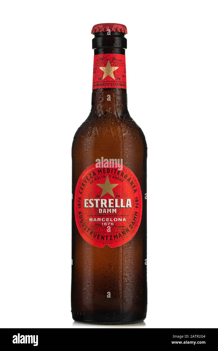 TARNOW, POLAND - FEBRUARY 01, 2020: Bottle of Cold Estrella Beer ...