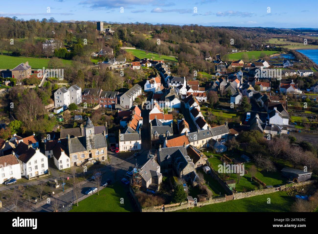 Aerial view of historic village of Culross in Fife, Scotland, UK Stock ...