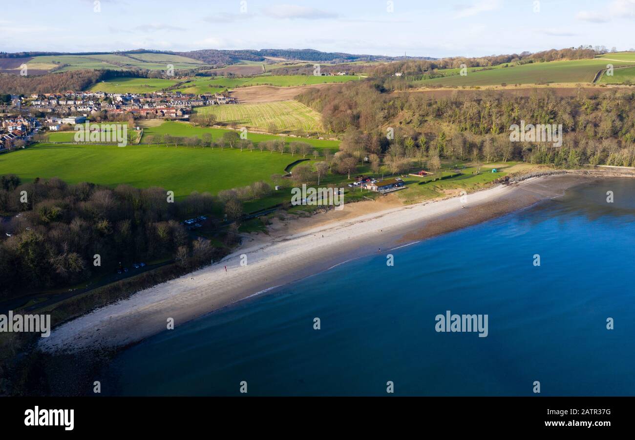 Aerial view of Silversands beach at Aberdour in Fife, Scotland, UK ...