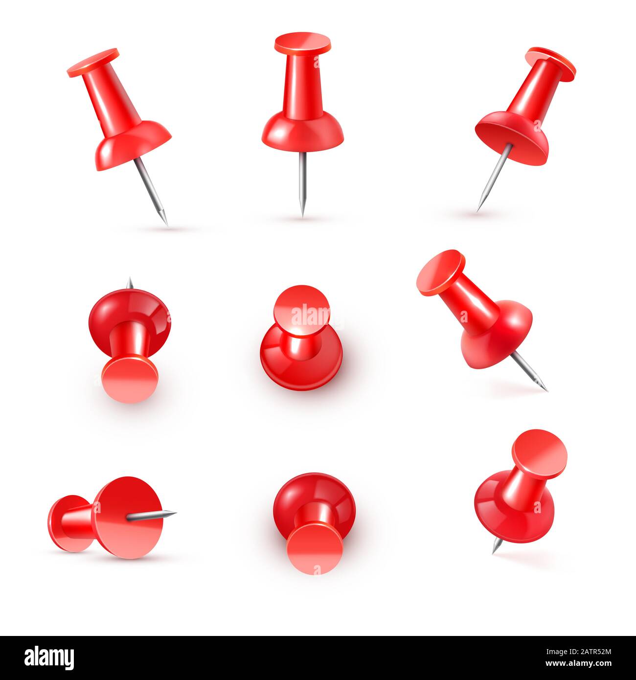 Realistic vector plastic glossy red push pin 3D vector icon on white ...