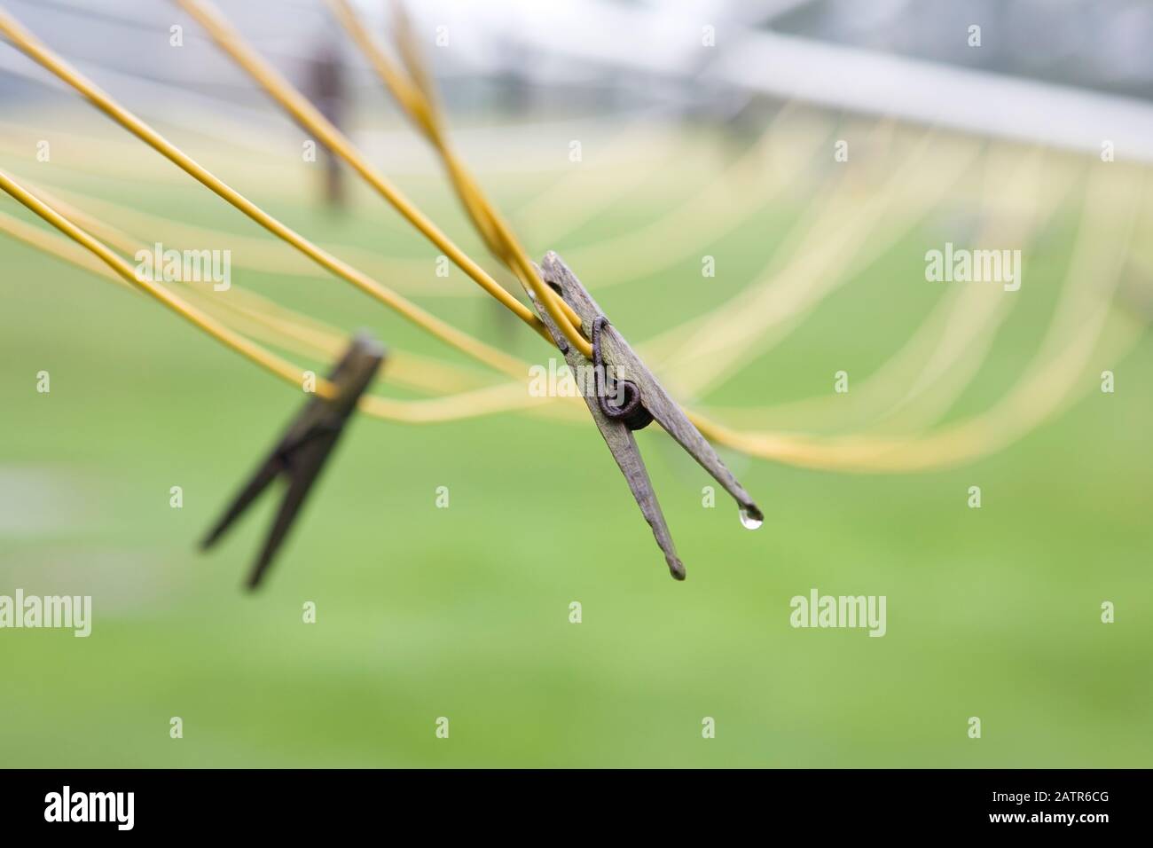 Wet clothes pins on clothes lines Stock Photo - Alamy