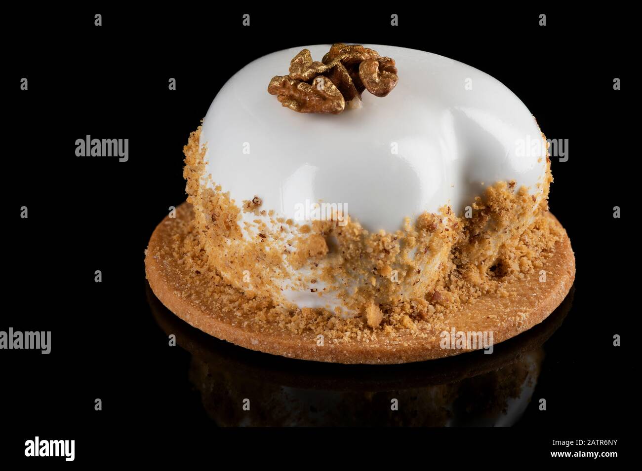 French Artisan Mono Portion Creative Dessert on Black reflective ...