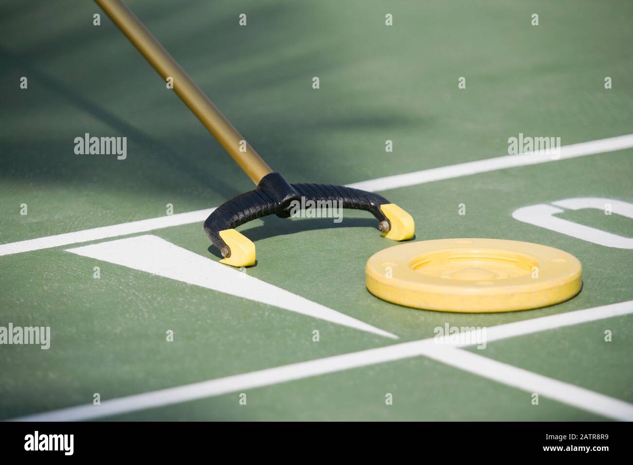 Close-up of a shuffleboard disc and shuffleboard cue Stock Photo - Alamy