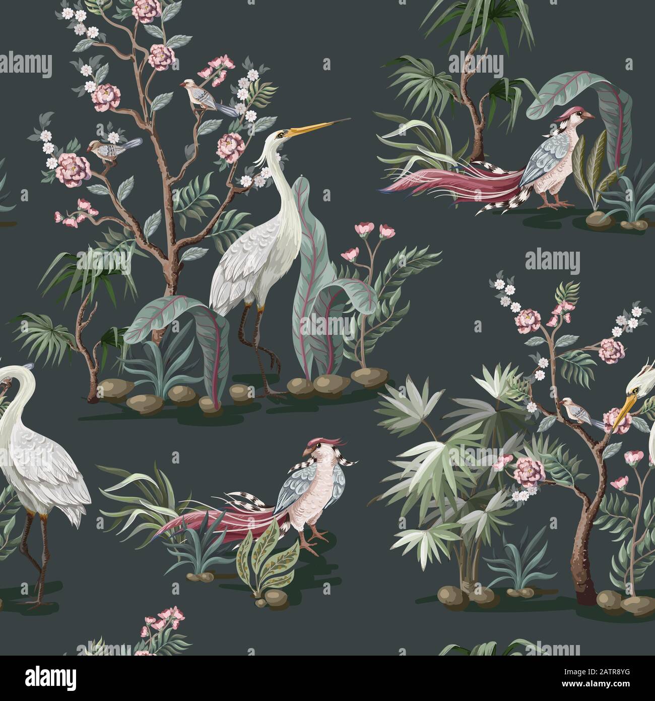 Seamless pattern in chinoiserie style with storks, birds and peonies. Vector Stock Vector Image ...