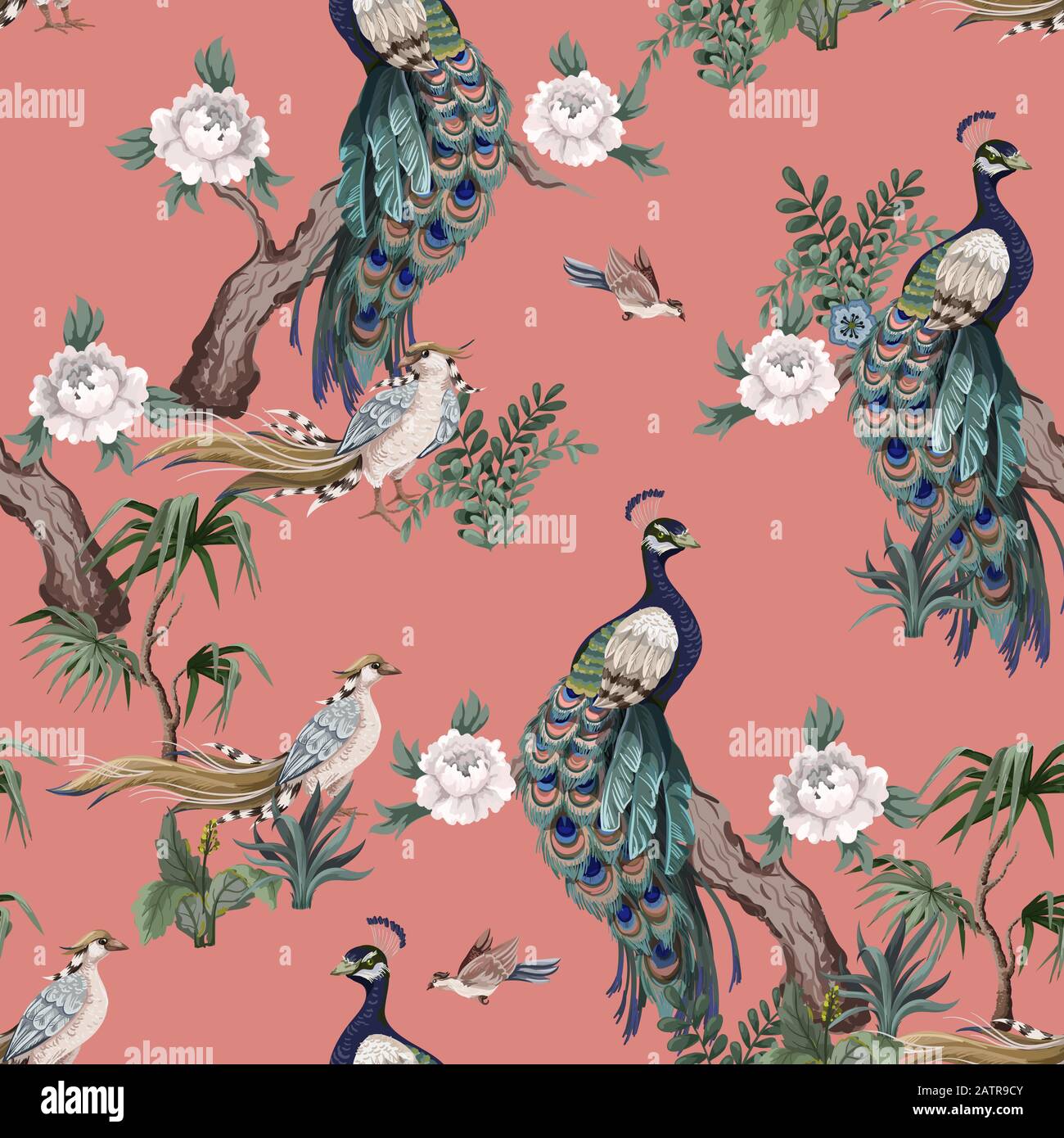 Seamless pattern in chinoiserie style with storks, birds and peonies. Vector Stock Vector Image ...