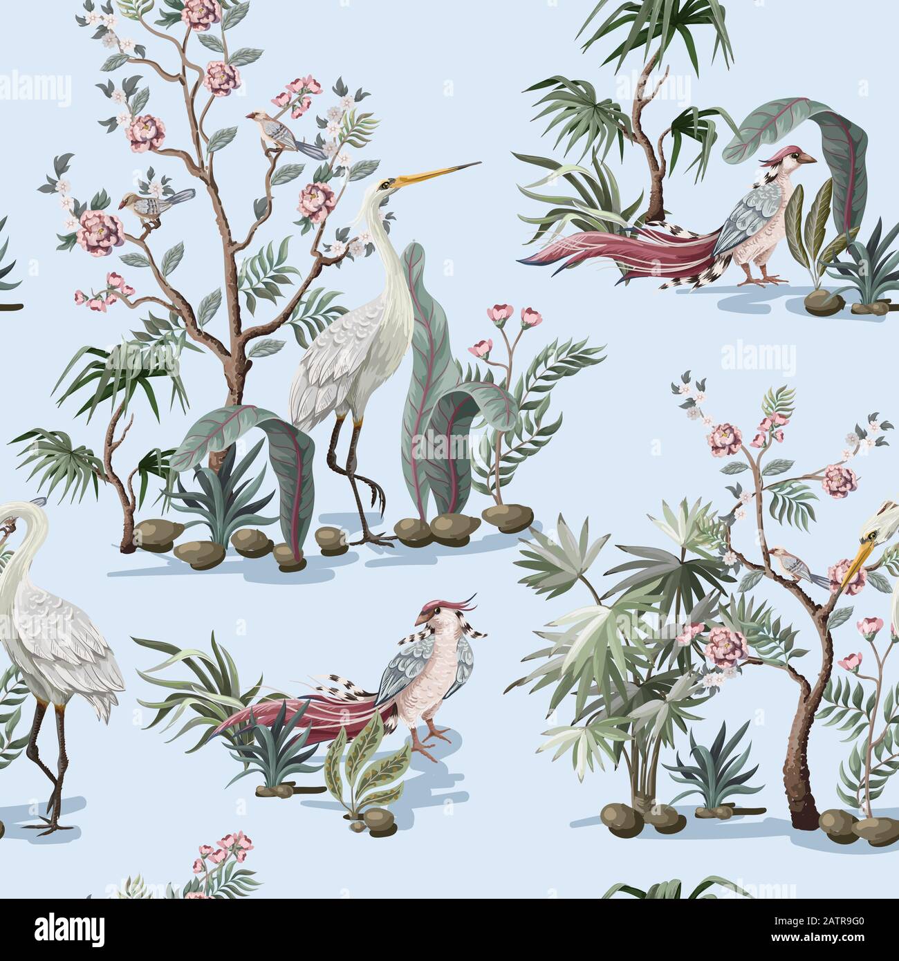Seamless pattern in chinoiserie style with storks, birds and peonies. Vector Stock Vector Image ...