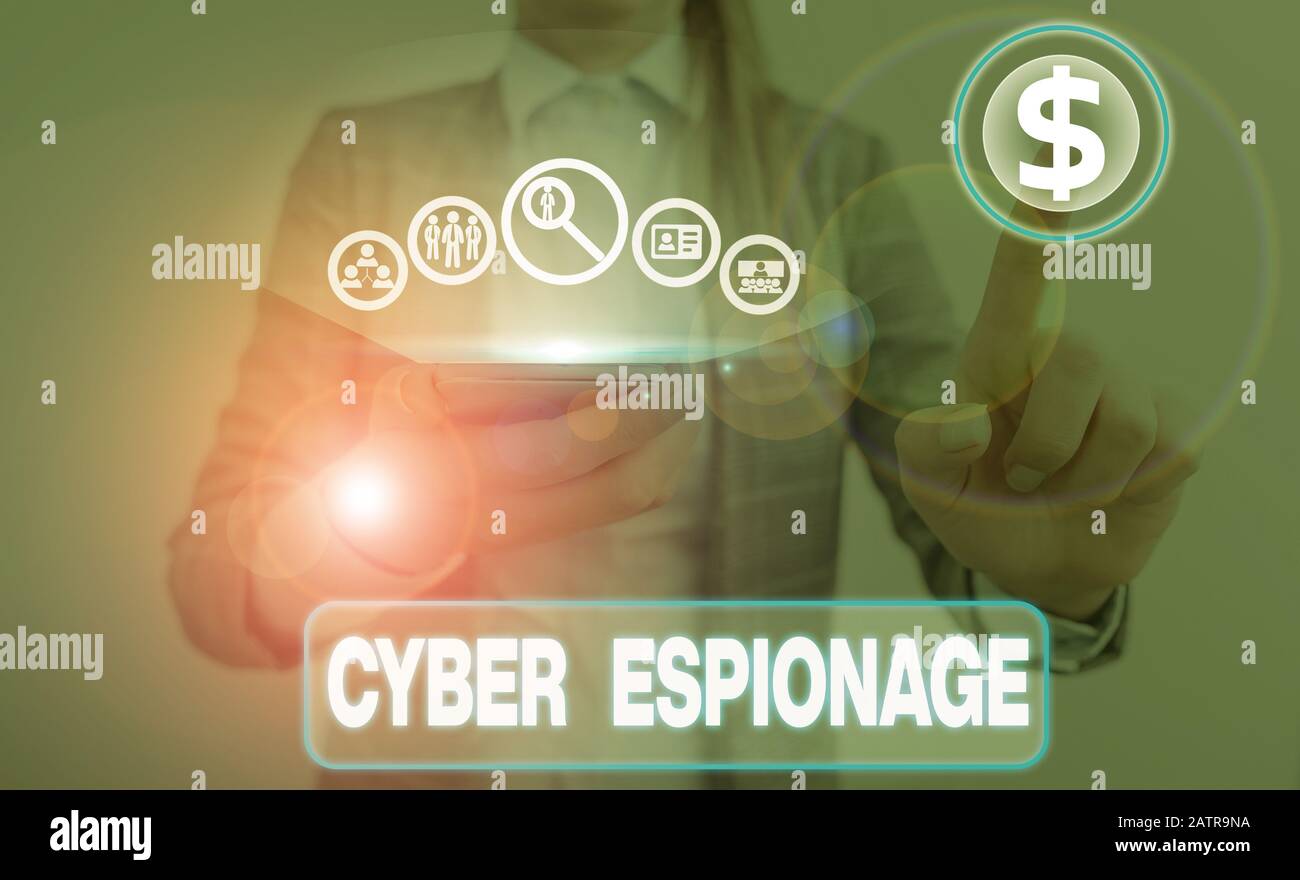 Writing note showing Cyber Espionage. Business concept for obtaining ...