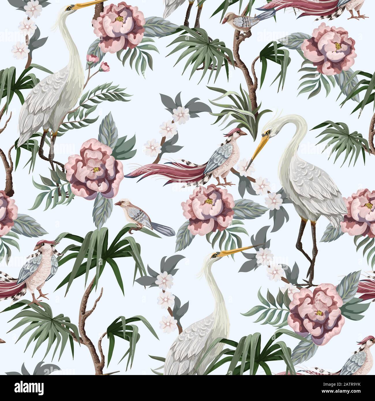 Seamless pattern in chinoiserie style with storks, birds and peonies. Vector Stock Vector Image ...