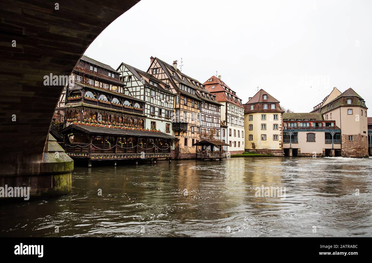 Old town water canal of Strasbourg, Alsace, France. Traditional half ...