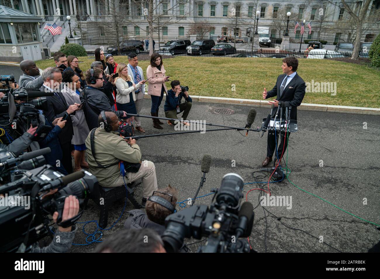 White House Deputy Press Secretary Hogan Gidley speaks to members of ...
