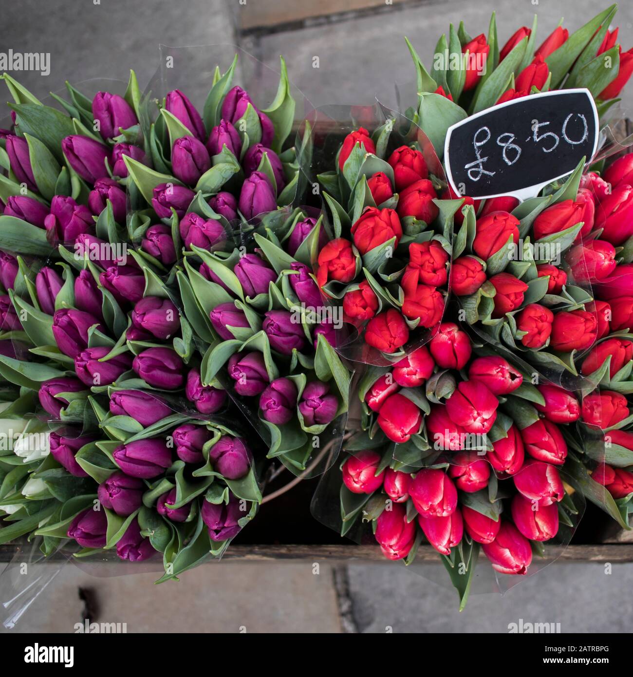 colorful bouquets of tulips for sale in the street market in London ...