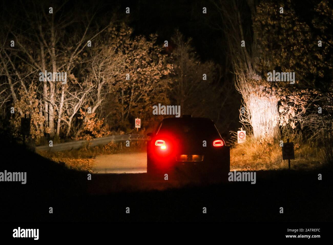 The rallye car is driving in the dark fast on the tarmac roads during ...