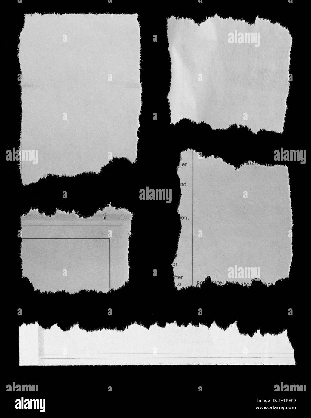 Five pieces of torn newspaper on black background Stock Photo - Alamy