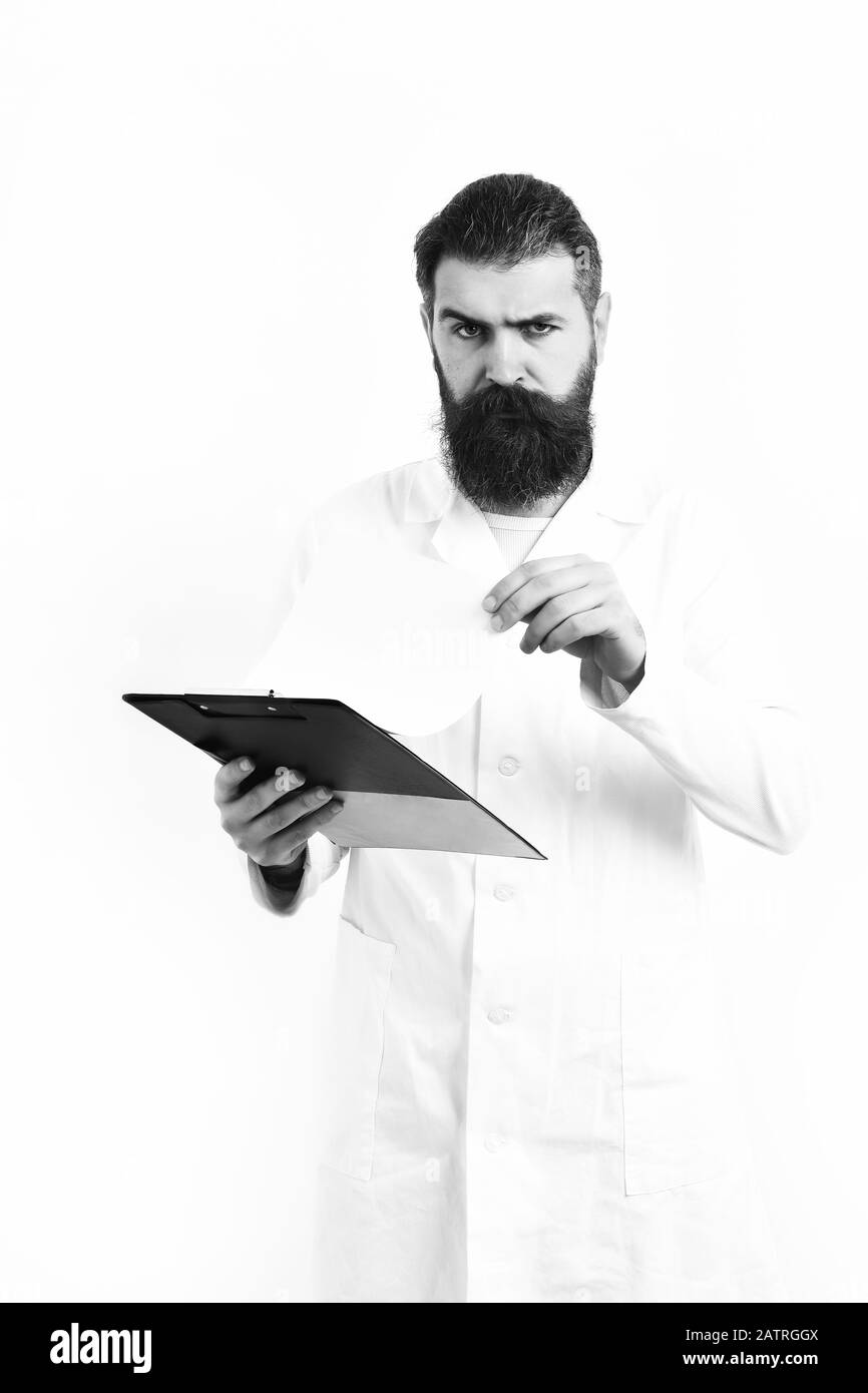 Bearded man, long beard. Brutal caucasian doctor or unshaven hipster ...