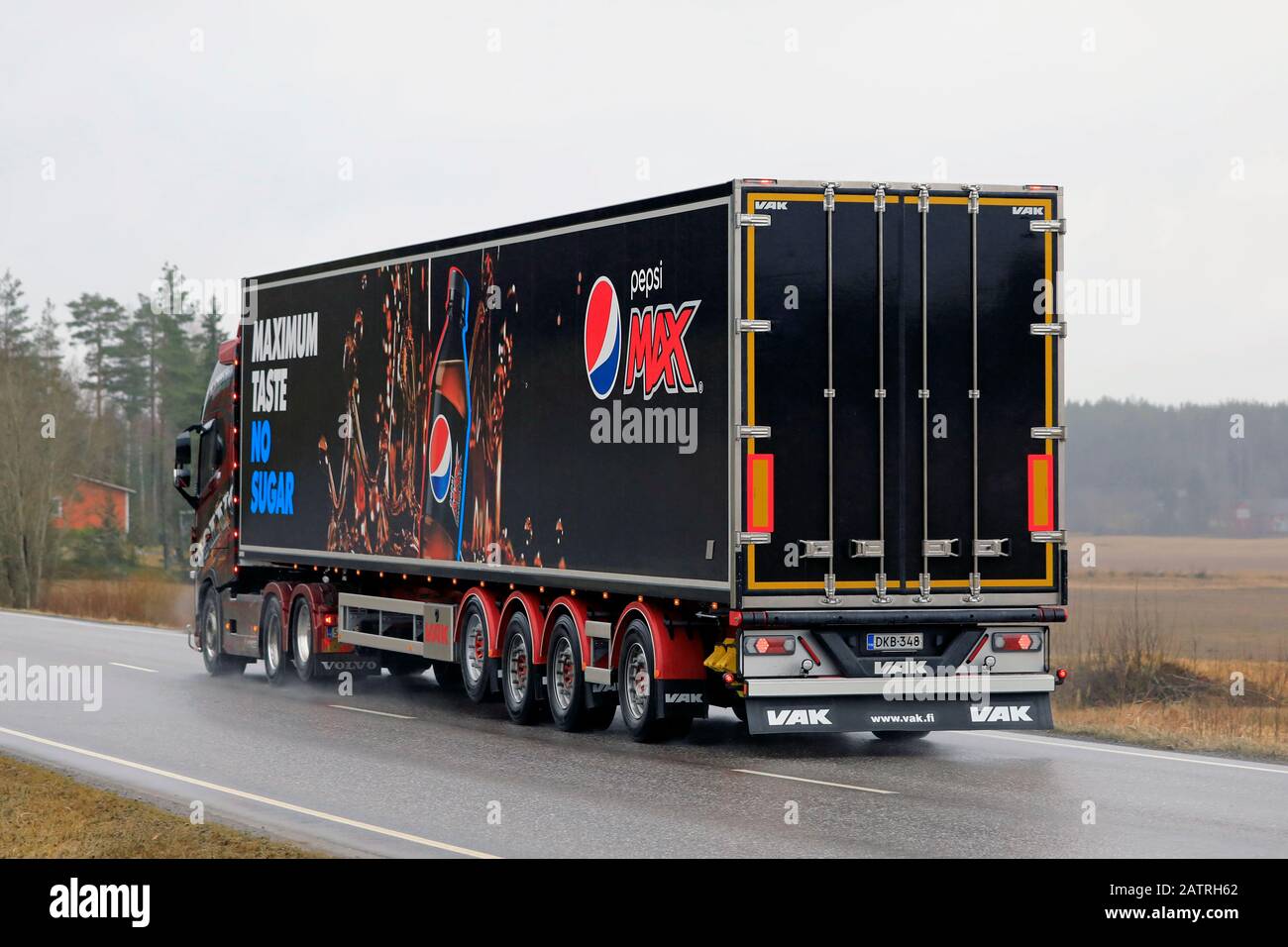 Customised Volvo FH R. M. Enberg Pepsi Max semi trailer truck on rural ...