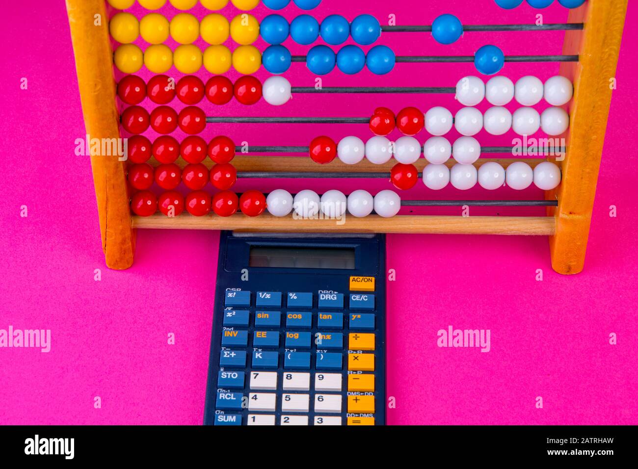 Calculator with abacus and bank notes on pink Stock Photo - Alamy