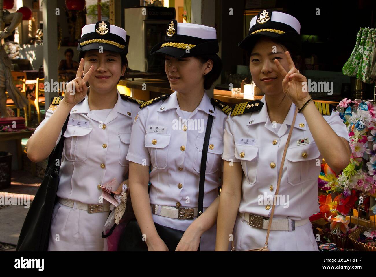 Three South Korean female sailors on leave in Bangkok, Thailand Stock ...