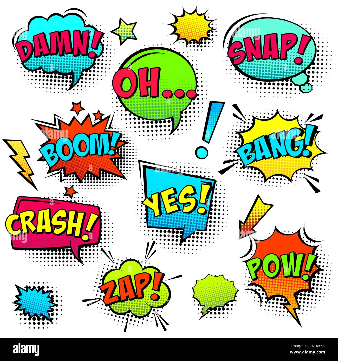 Comic colored speech bubbles with halftone shadow and text phrase ...