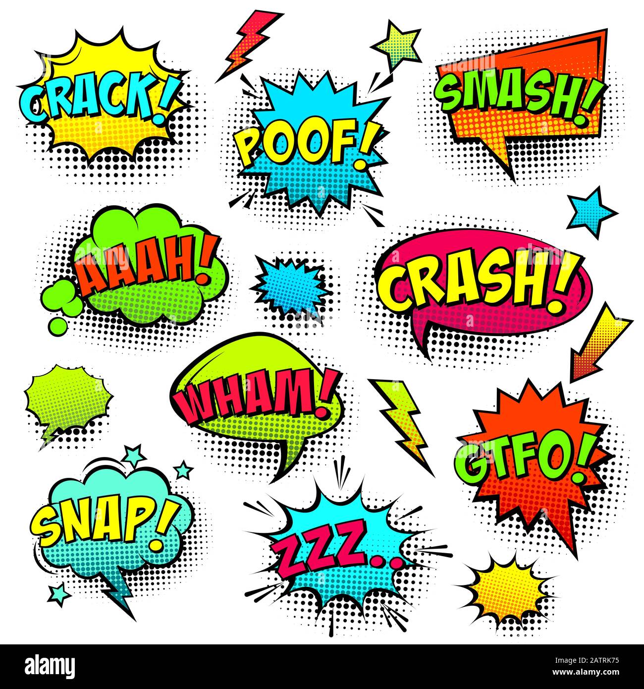 Comic colored speech bubbles with halftone shadow and text phrase ...
