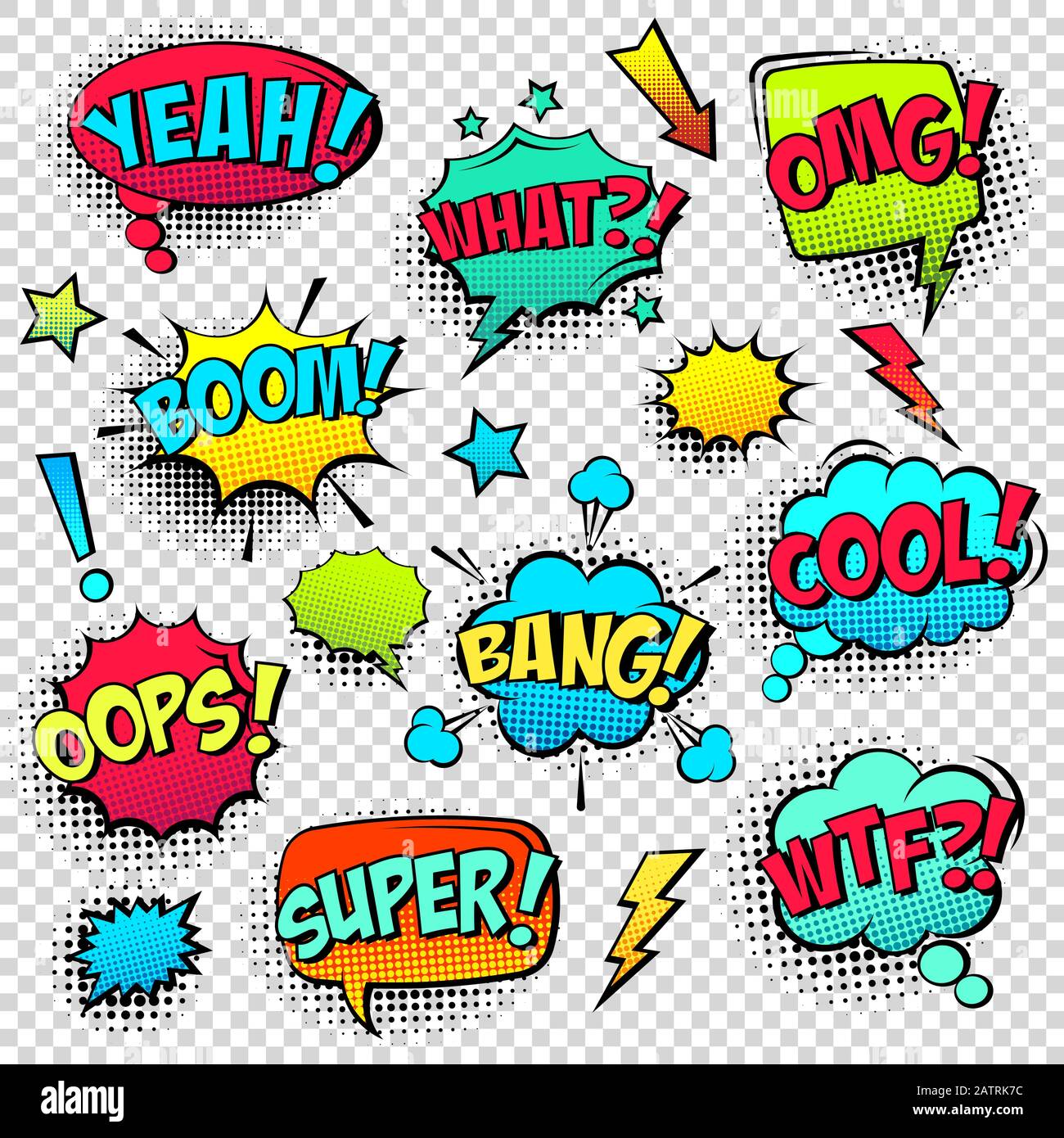 Comic colored speech bubbles with halftone shadow and text phrase ...
