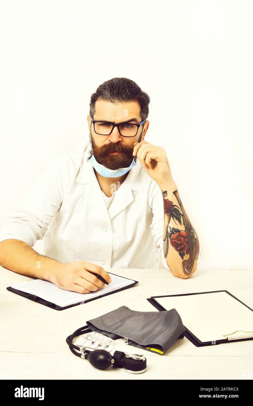 Bearded man, long beard. Brutal caucasian doctor or unshaven hipster in ...