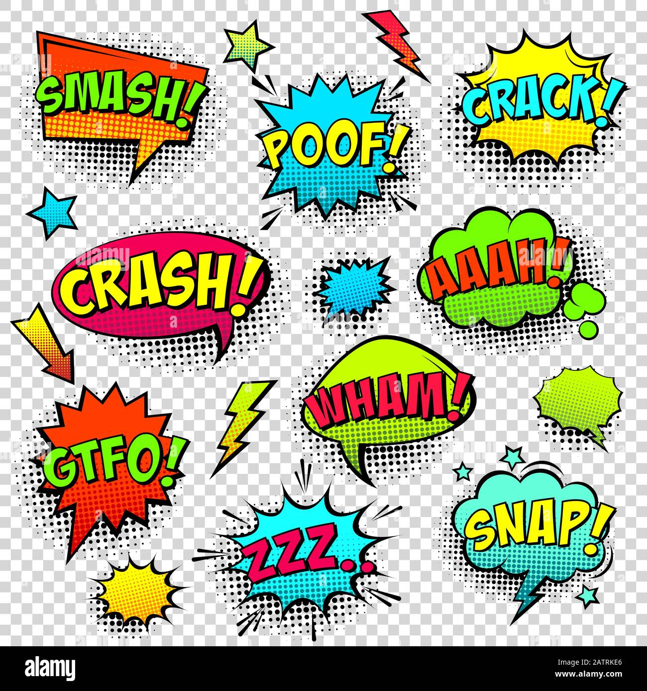 Comic colored speech bubbles with halftone shadow and text phrase ...