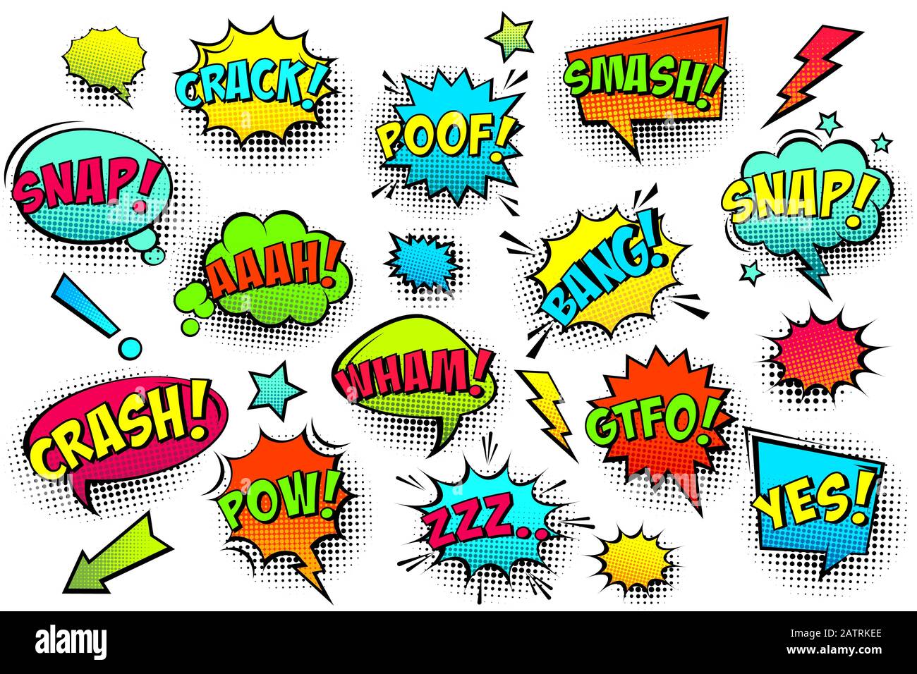 Comic colored speech bubbles with halftone shadow and text phrase ...