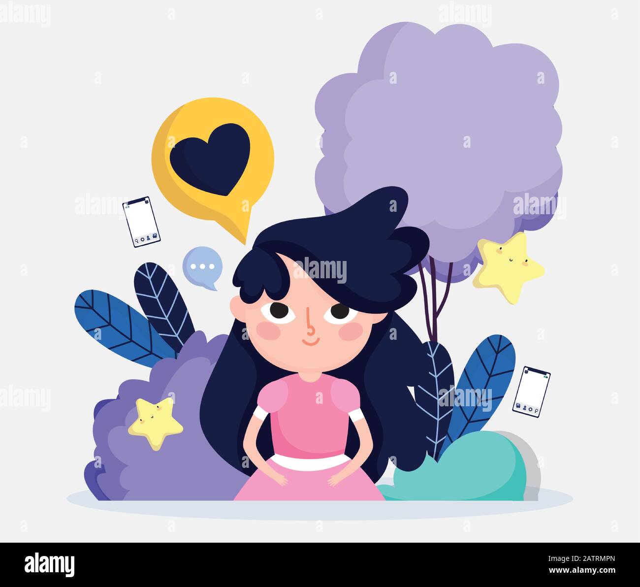cute girl smartphone love chat bubble social media vector illustration ...