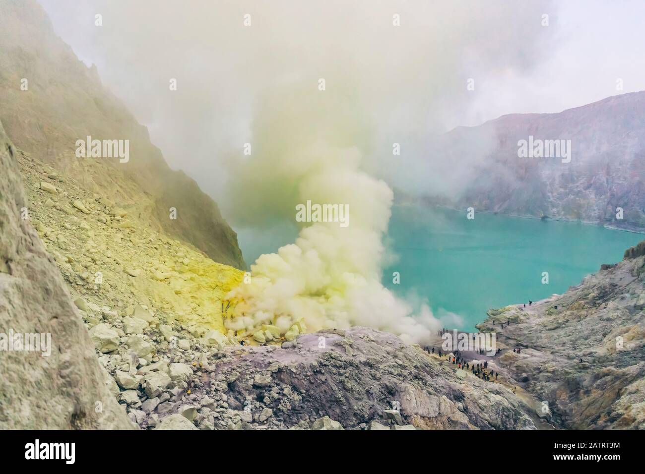 Sulphur smoke inside Ijen Volcano crater; East Java, Java, Indonesia ...