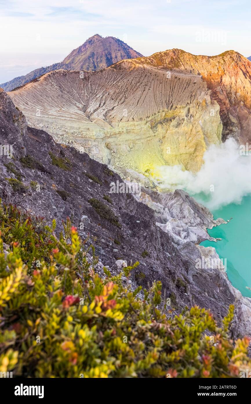 Sunrise at Ijen Volcano crater; East Java, Java, Indonesia Stock Photo ...