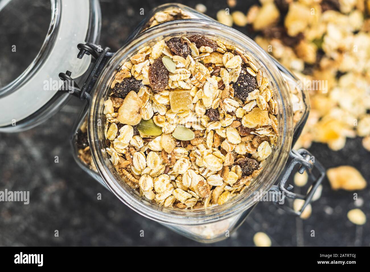 Healthy cereal breakfast. Mixed muesli in jar. Top view Stock Photo - Alamy