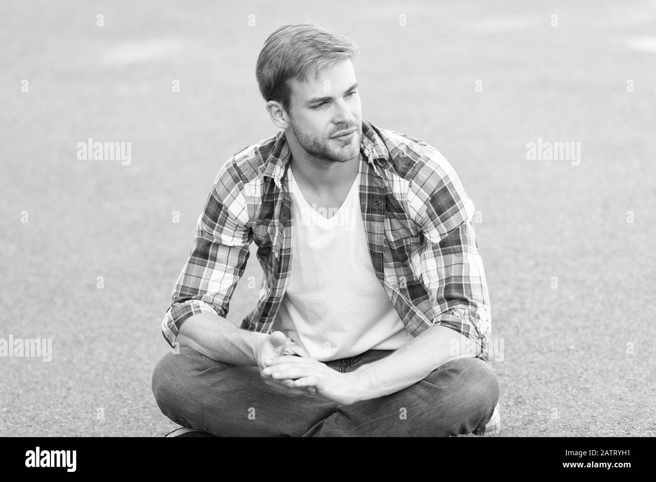 Carefree student. Man regular student appearance relaxing urban space ...