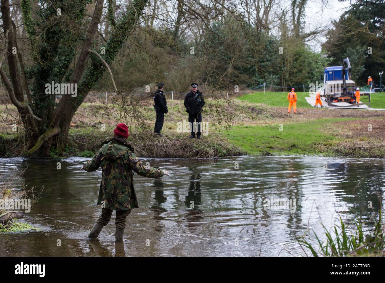 Denham, UK. 4 February, 2020. An environmental activist from Extinction ...