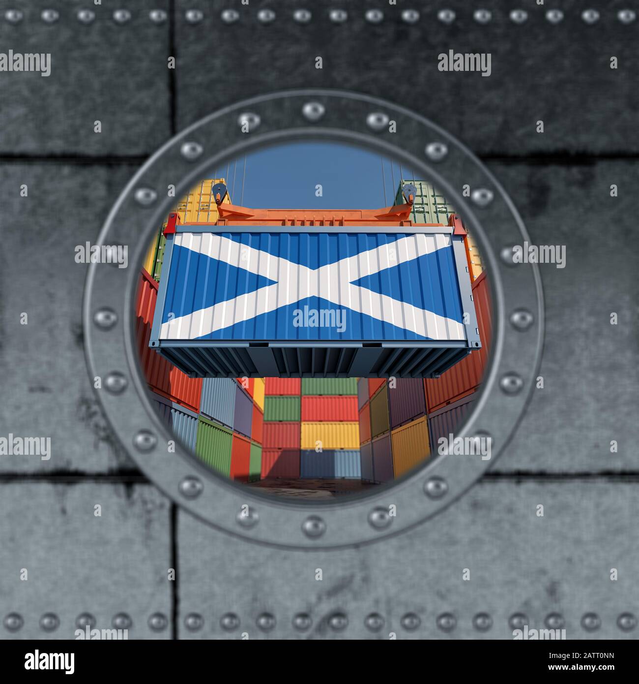 Looking through a ship Porthole. Container with Scotland flag being ...