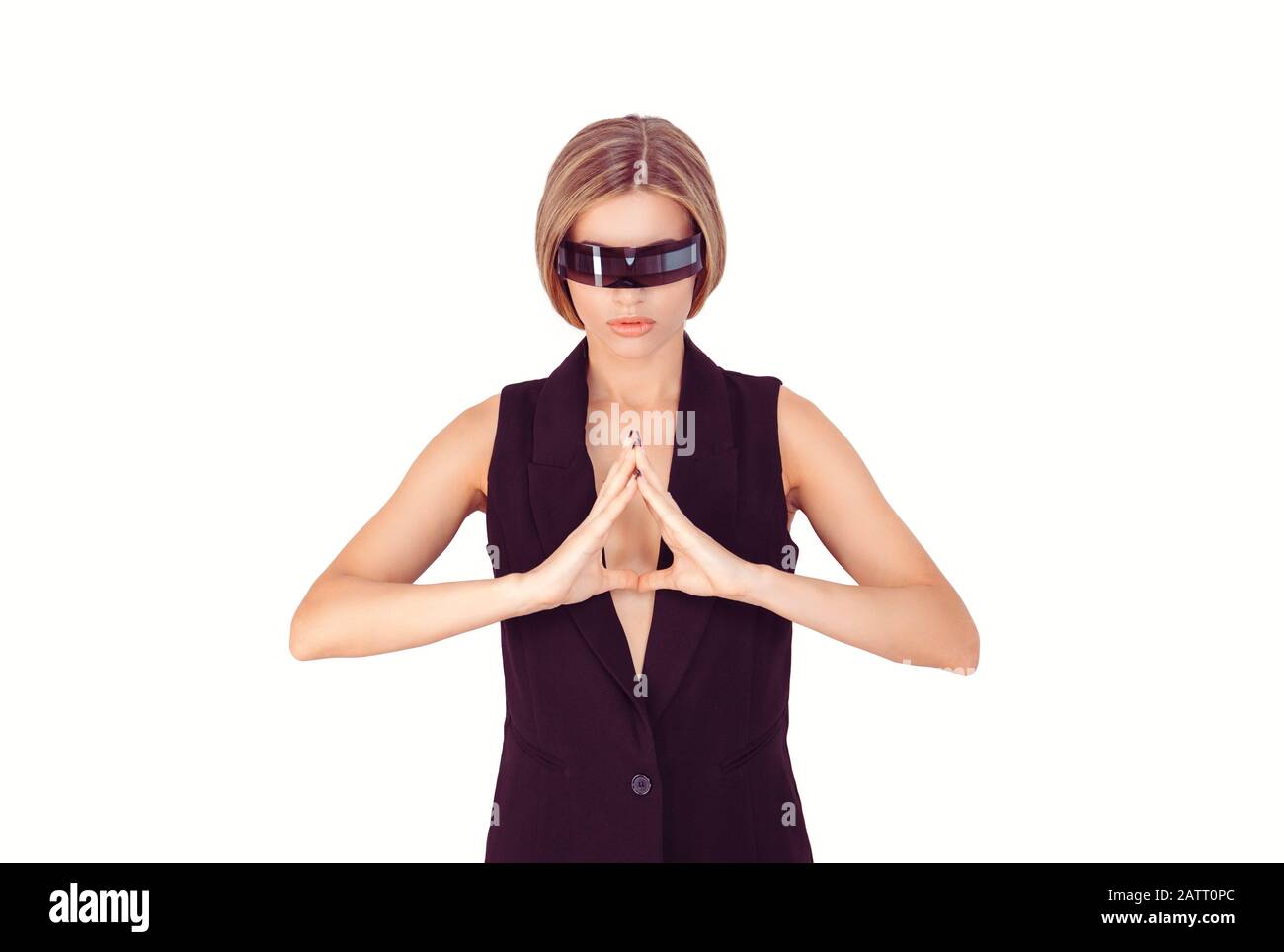 Pretty young AI woman standing with stacked hands showing Eye of ...