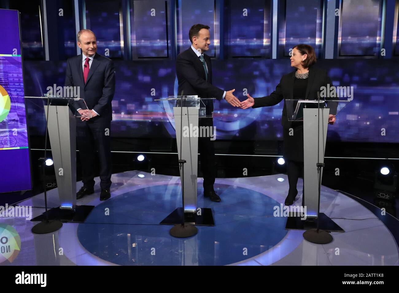 Fine Gael leader Leo Varadkar shakes hands with Sinn Fein President Mary Lou McDonald as Fianna ...