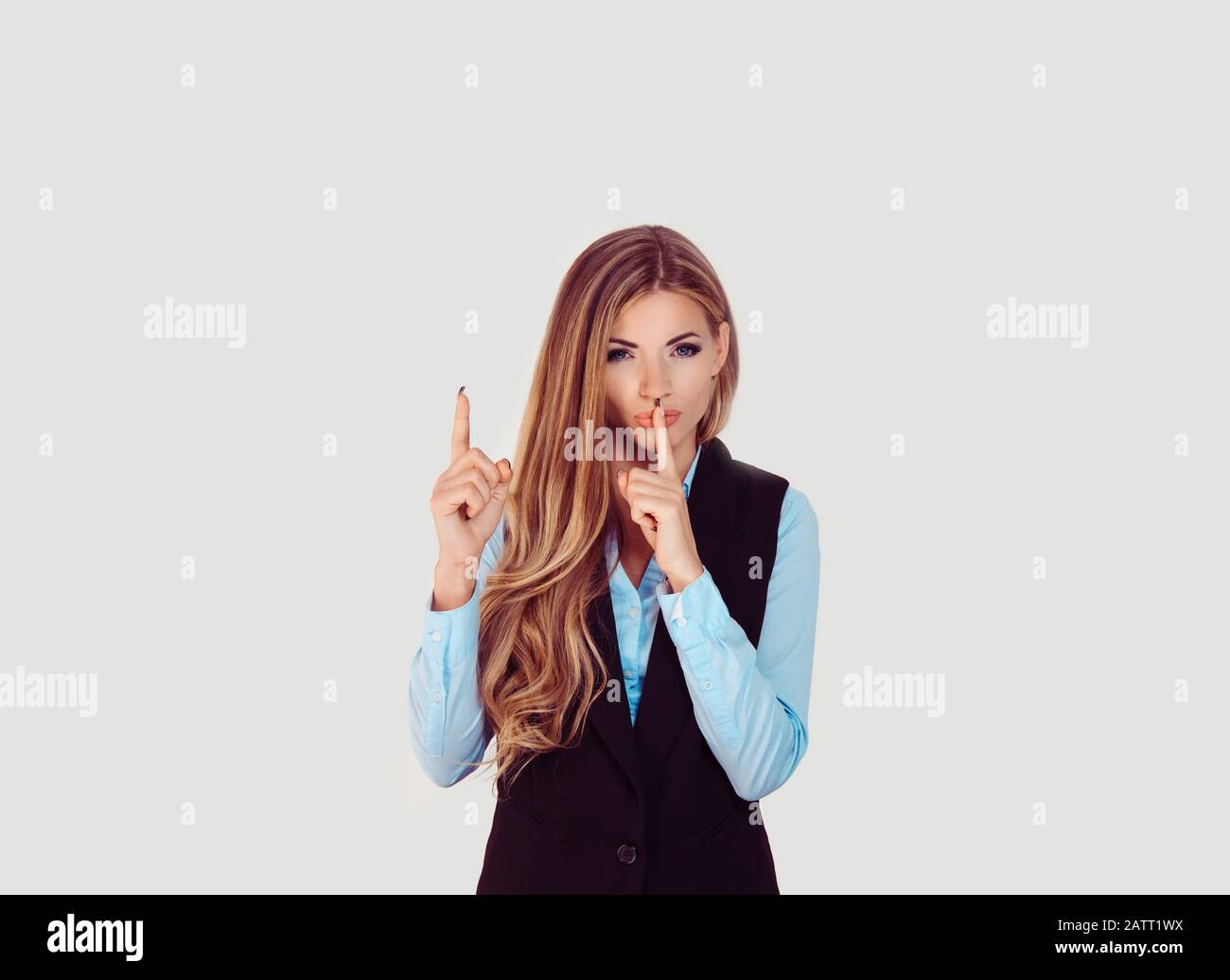 SHH. Angry woman showing shh, silence, hush sign gesture with one hand ...