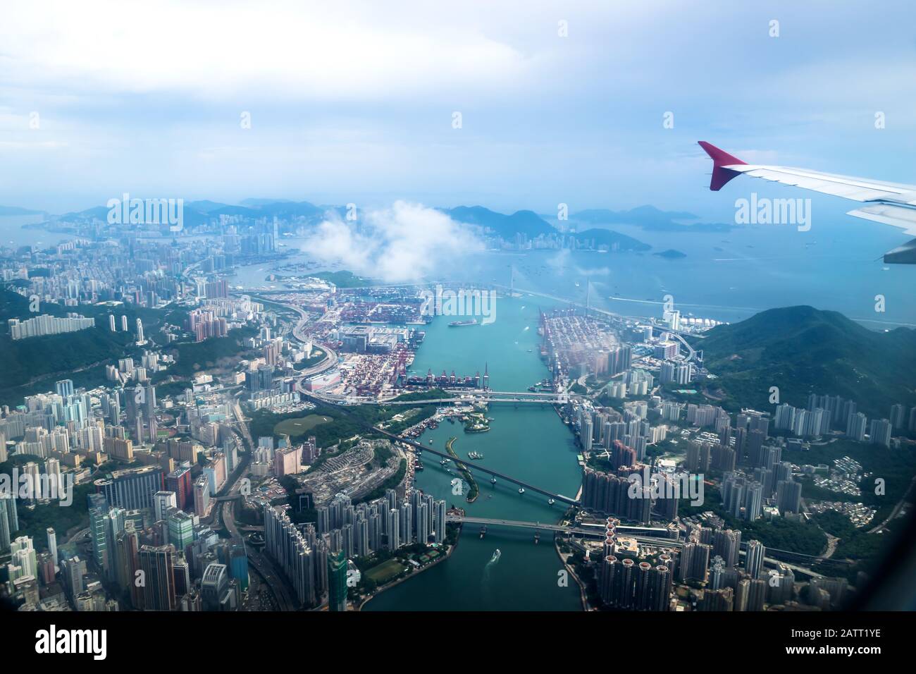 Aerial view of Hong Kong islands with skyscrapers and industry from a ...