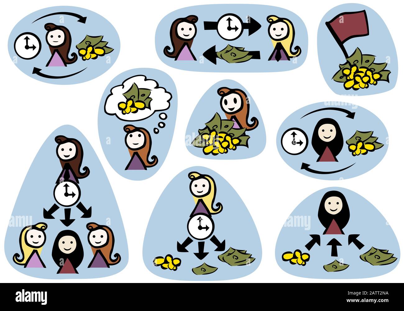 set 9 icons simple female money coins bills time flag think arrows blue ...