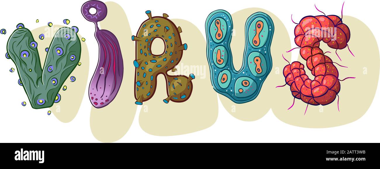 Virus word compound from cartoon virus cells. Colored concept isolated ...