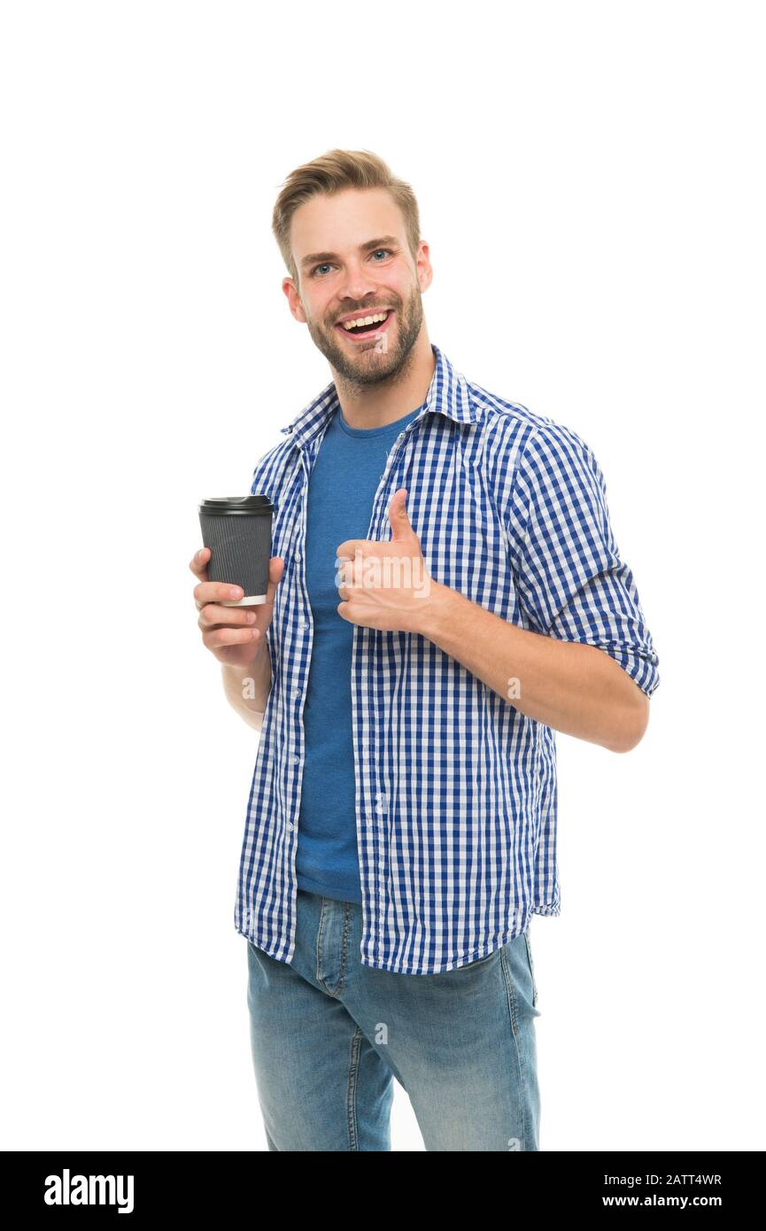 Best coffee in town. Happy man give thumbs up. Bearded man smile with ...