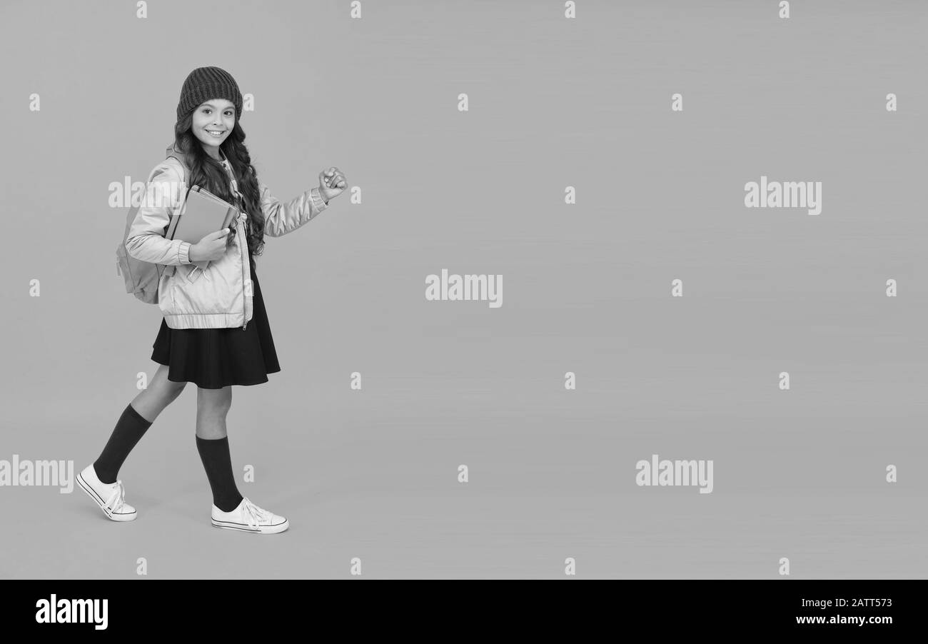 School is back. Happy small child back to school. Little girl go to ...