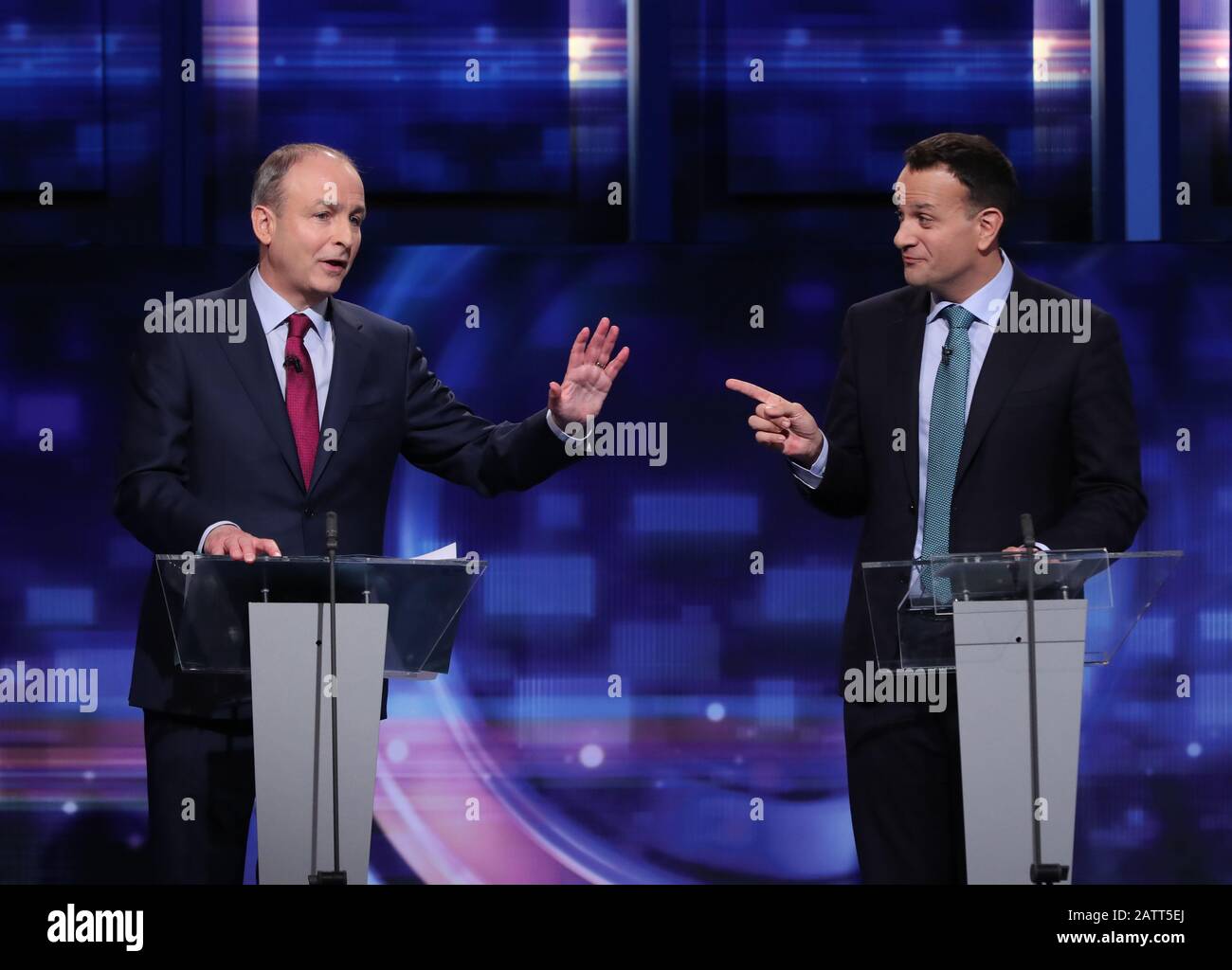 Fianna Fail leader Micheal Martin and Fine Gael leader Leo Varadkar during the final TV leaders ...