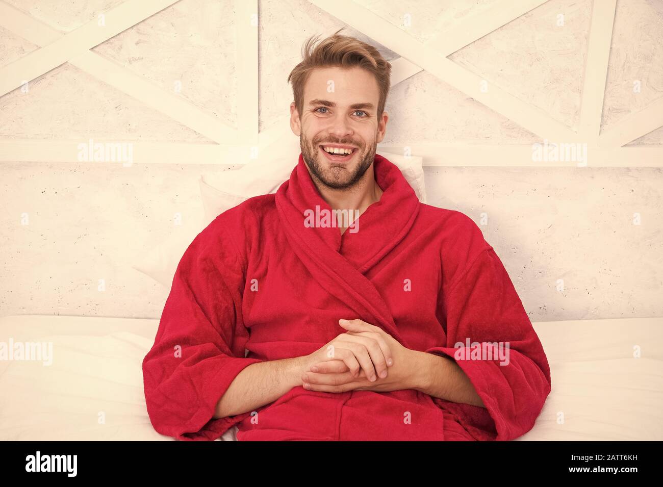 Guy in bathrobe relaxing. Relaxing before fall asleep. Get enough ...