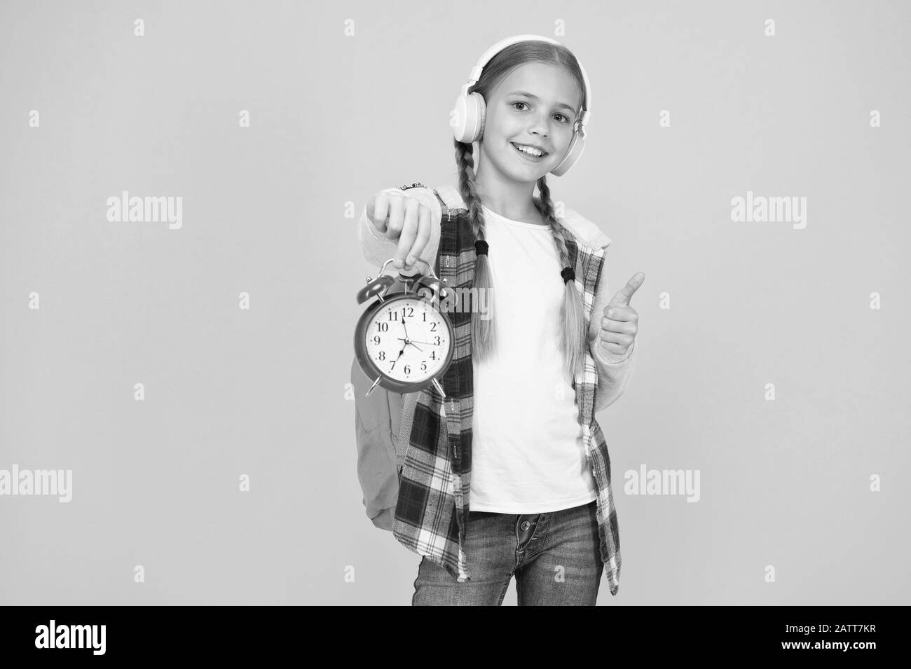 Beginning of lessons. Time go school. School time. Happy girl hold ...