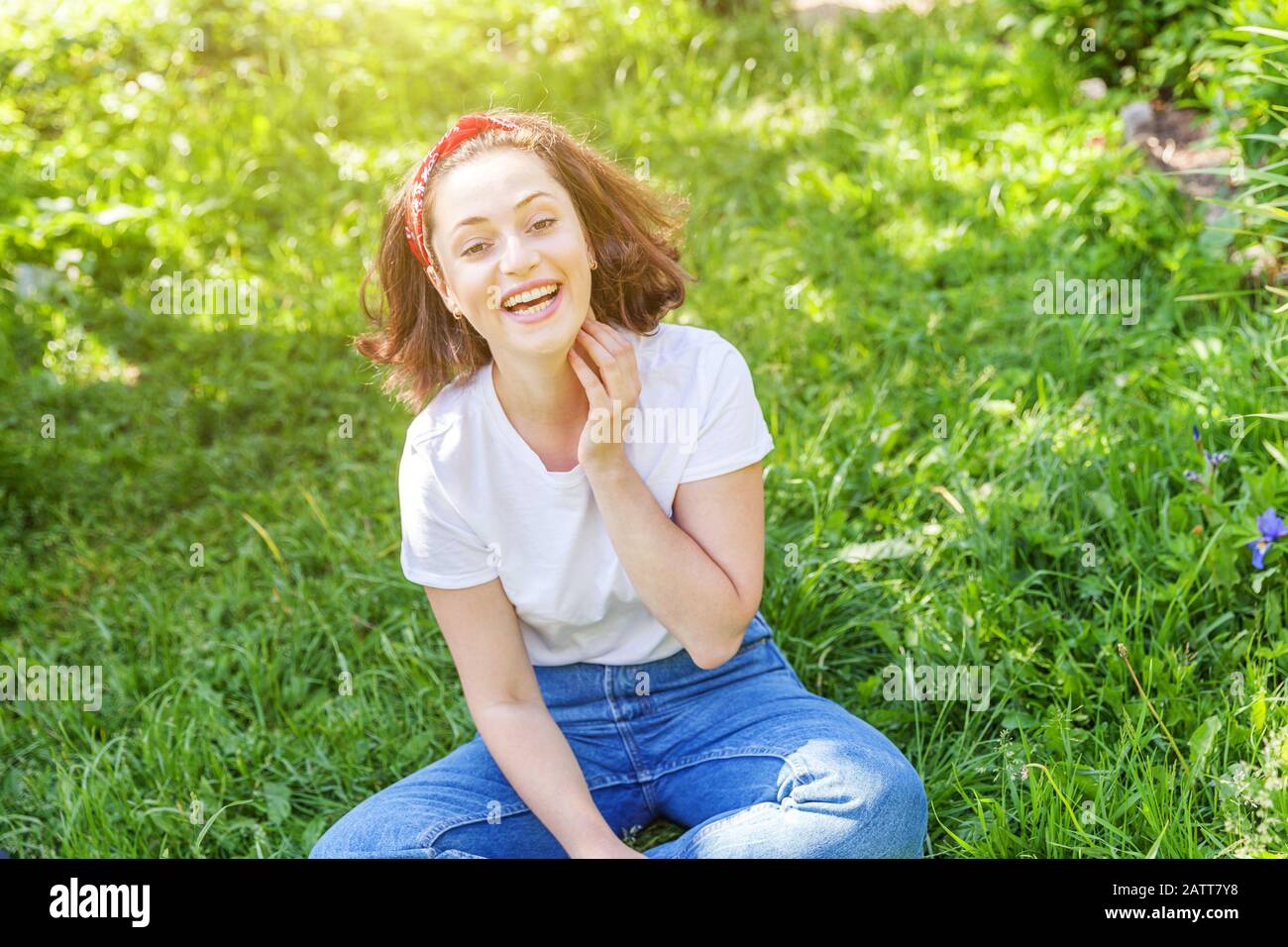 Happy girl smiling outdoor. Beautiful young brunete woman with brown ...