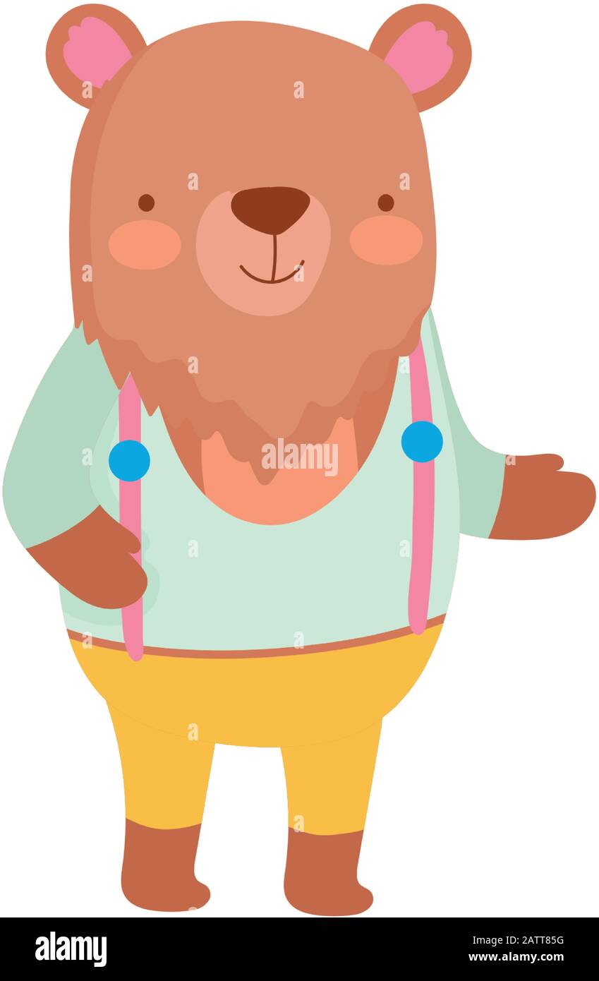 cute bear with clothes cartoon character on white background vector ...