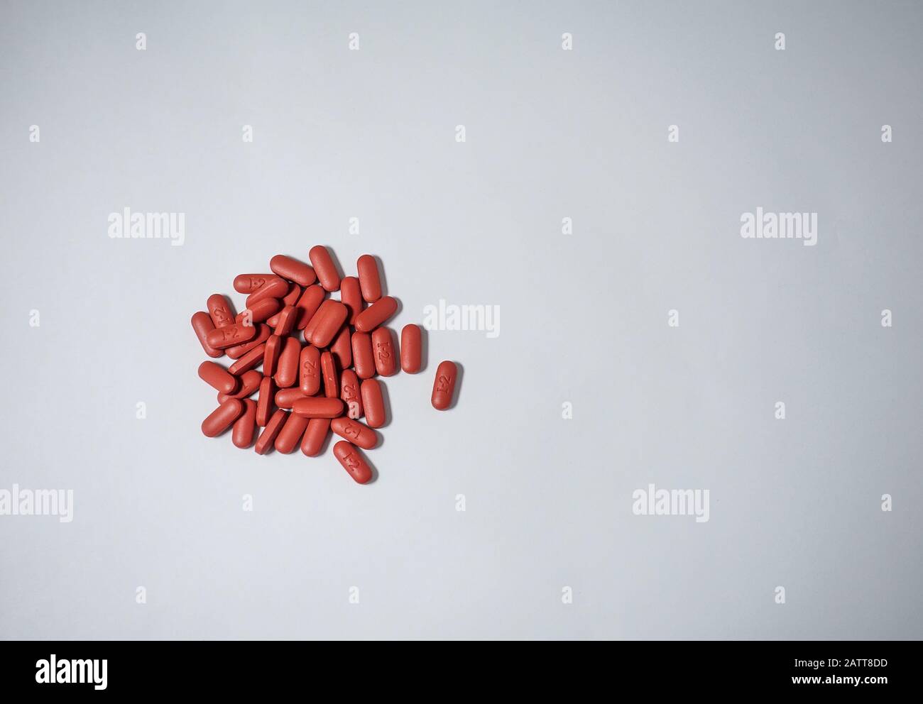 Orlando, FL/USA-2/3/20:A pile of red tablet medication in pill form ...
