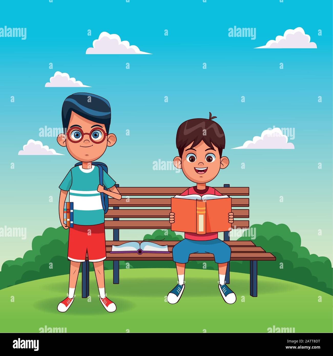 cartoon happy boy standing and boy reading a book sitting on a bench ...