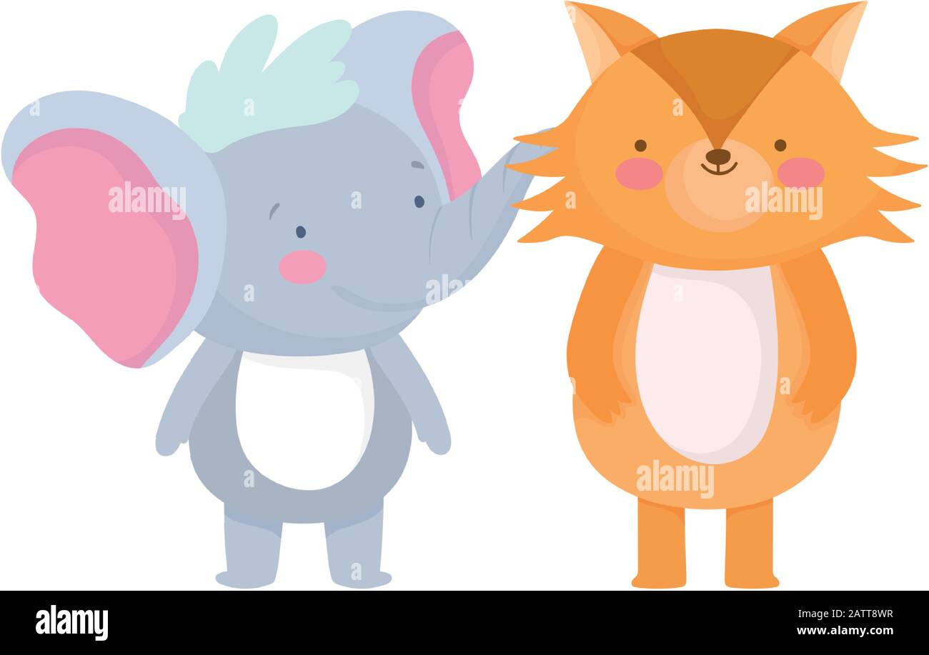 little elephant and fox cartoon character on white background vector ...